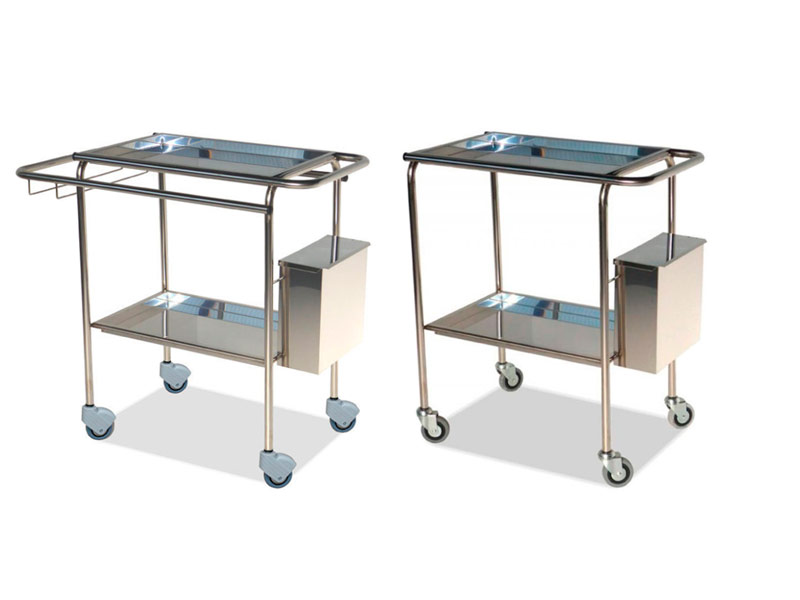 Stainless steel trolley with 2 trays, waste bin and jar support