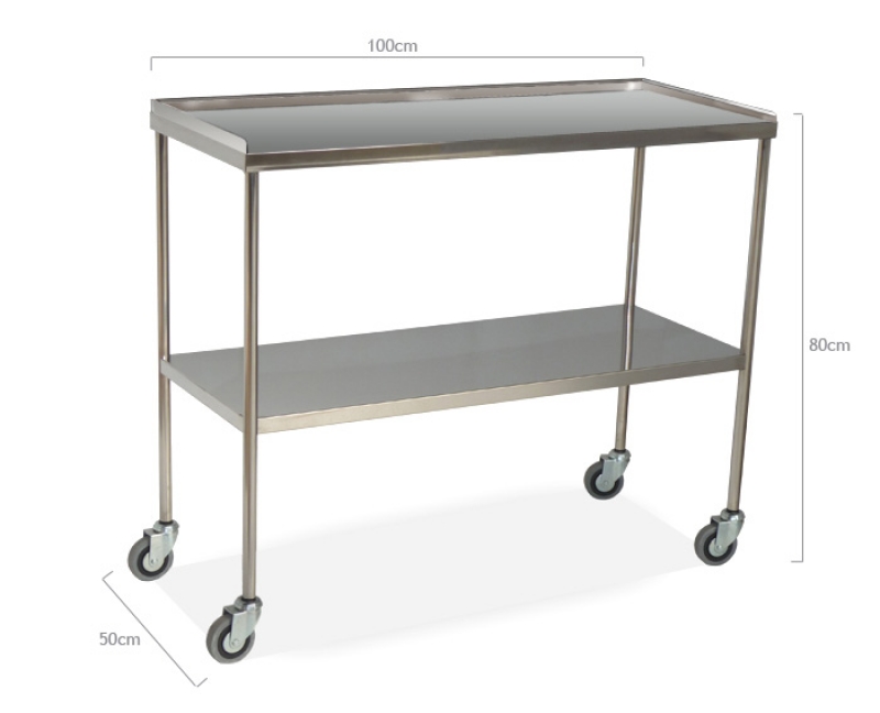 Stainless steel side table with 2 shelves and upper edge