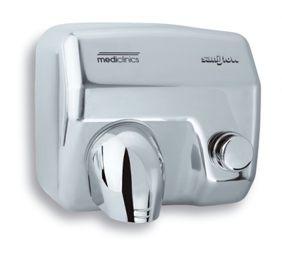 Hand dryer, push-button operated, Saniflow, stainless steel, bright finish