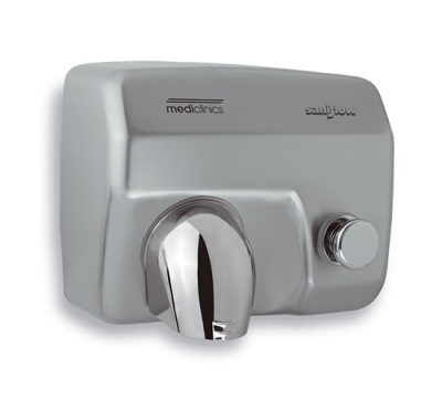 Hand dryer, push-button operated, Saniflow, cast iron cover, satin finish